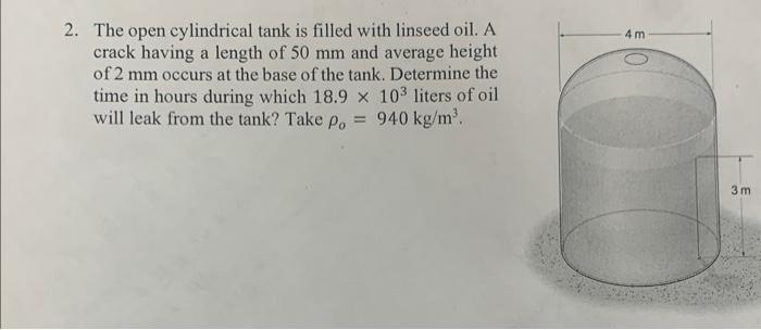 Solved 2. The open cylindrical tank is filled with linseed | Chegg.com