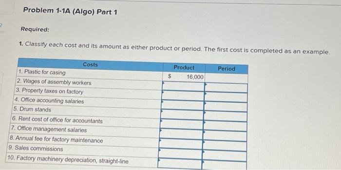 Solved Problem 1-1A (Algo) Classifying costs and computing | Chegg.com