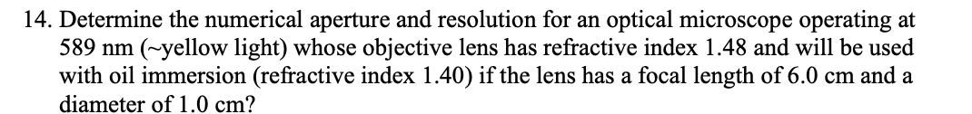 Solved Determine the numerical aperture and resolution for | Chegg.com
