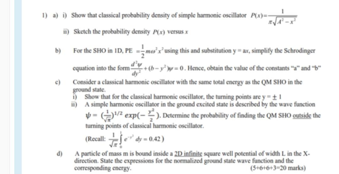 Solved 1 1) a) i) Show that classical probability density of | Chegg.com