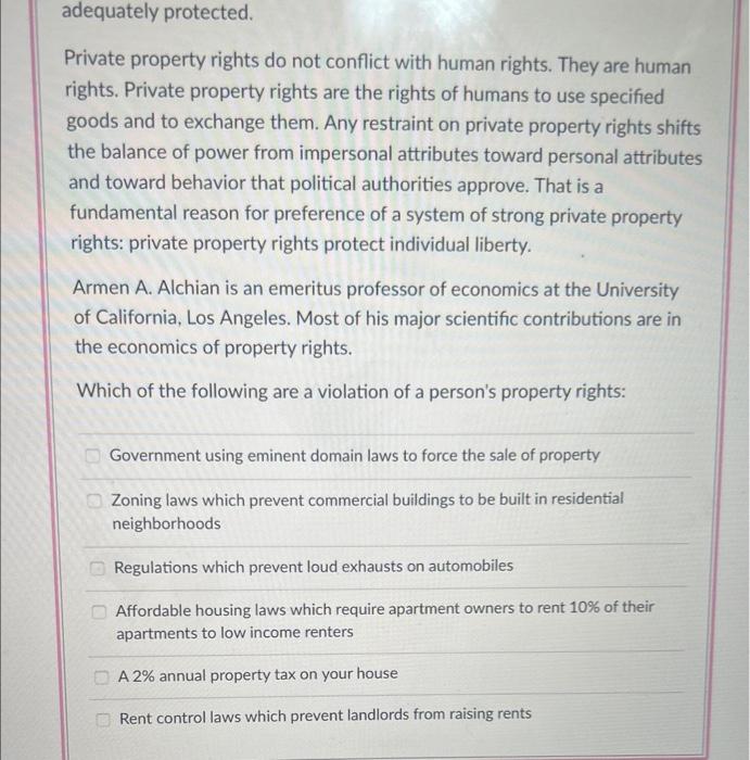Solved adequately protected. Private property rights do not | Chegg.com