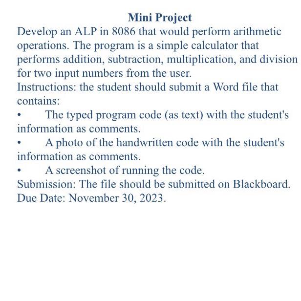Solved Mini ProjectDevelop an ALP in 8086 ﻿that would | Chegg.com