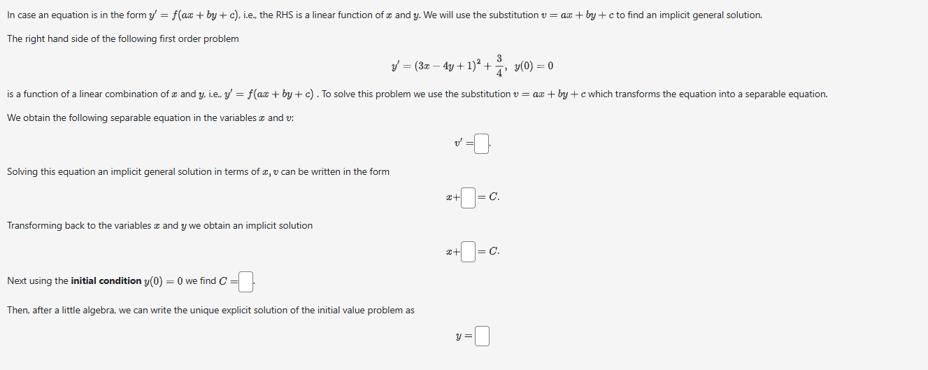 Solved In case an equation is in the form y^(')=f(ax+by+c), | Chegg.com