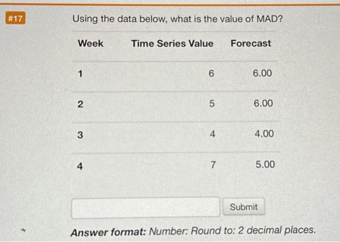 Solved Using the data below, what is the value of MAD? | Chegg.com