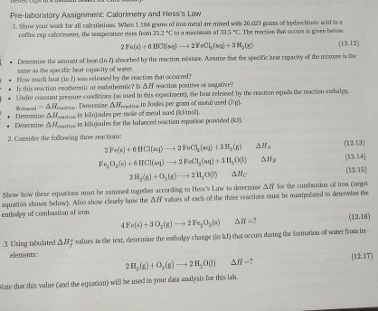 Solved Pre-laboratory Assignment: Calorimetry and Hess's | Chegg.com