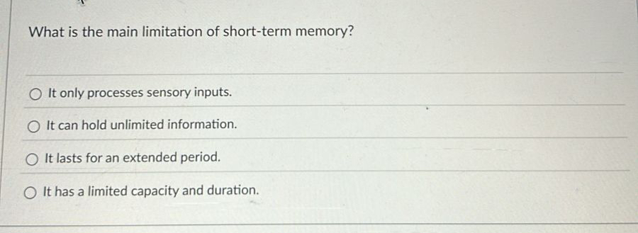 Solved What is the main limitation of short-term memory?It | Chegg.com