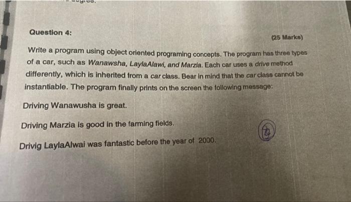 Solved Question 4: (25 Marke) Write a program using object | Chegg.com