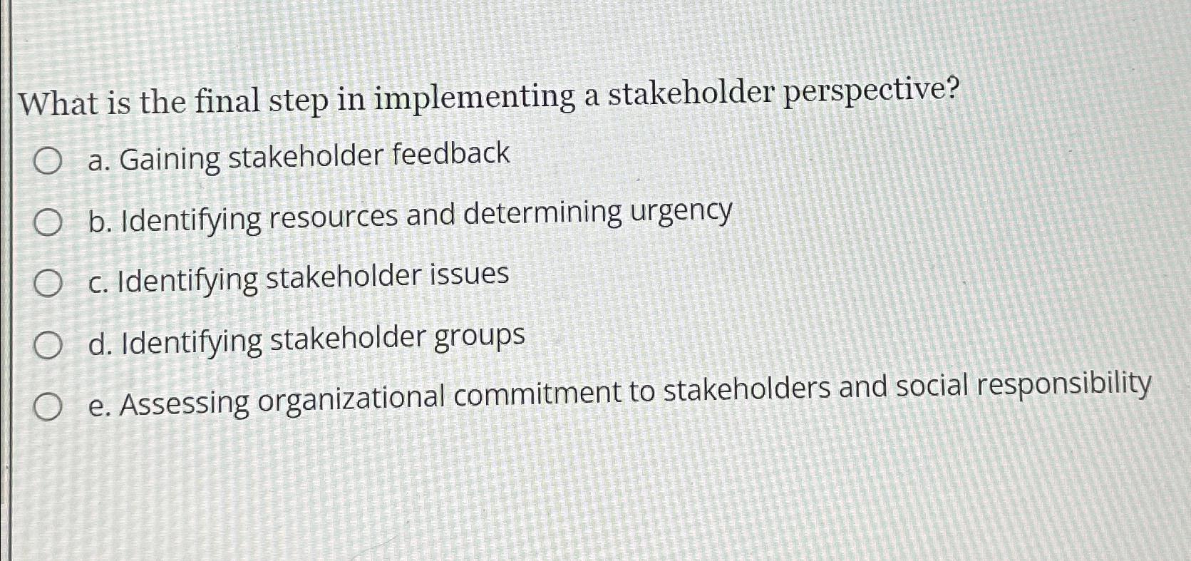 Solved What is the final step in implementing a stakeholder | Chegg.com