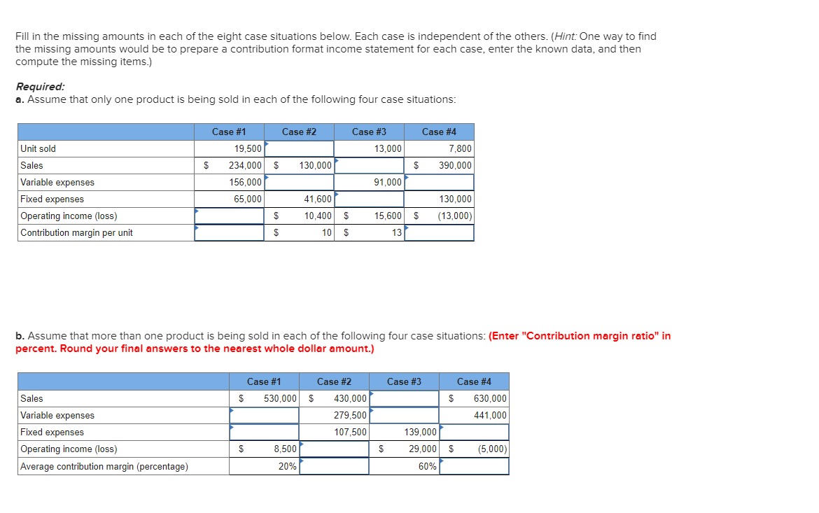 Solved Fill in the missing amounts in each of the eight case | Chegg.com