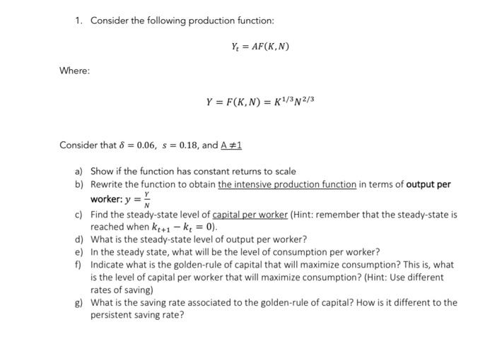 Solved 1. Consider the following production function: | Chegg.com