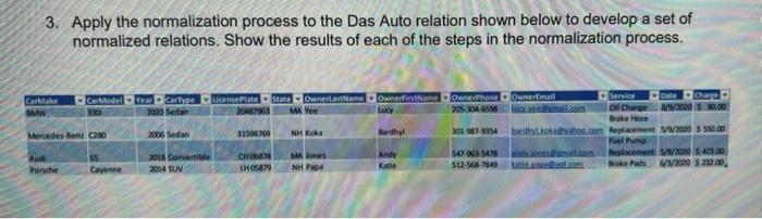 Solved 3. Apply the normalization process to the Das Auto | Chegg.com
