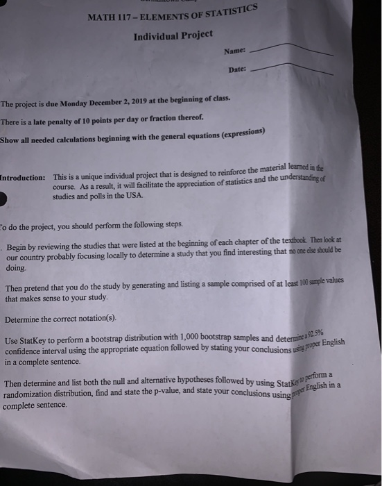 MATH 117- ELEMENTS OF STATISTICS Individual Project | Chegg.com