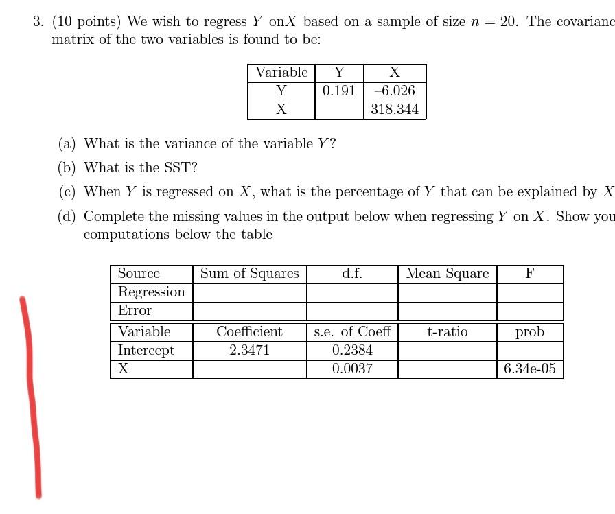Solved 3. (10 points) We wish to regress Y on X based on a | Chegg.com