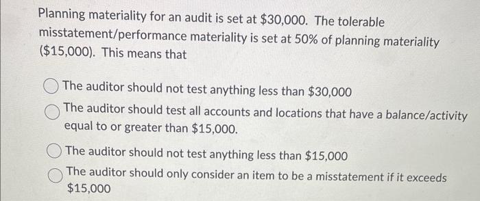 Solved Planning materiality for an audit is set at $30,000. | Chegg.com