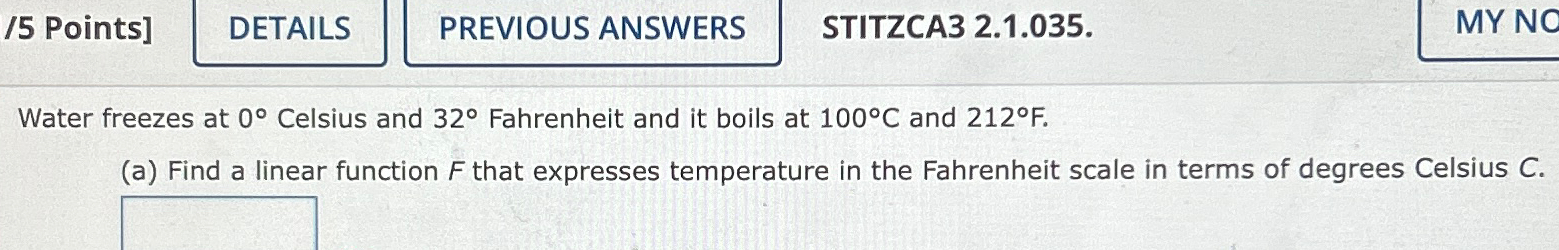 Solved /5 ﻿Points]PREVIOUS ANSWERSSTITZCA3 2.1.035.Water | Chegg.com