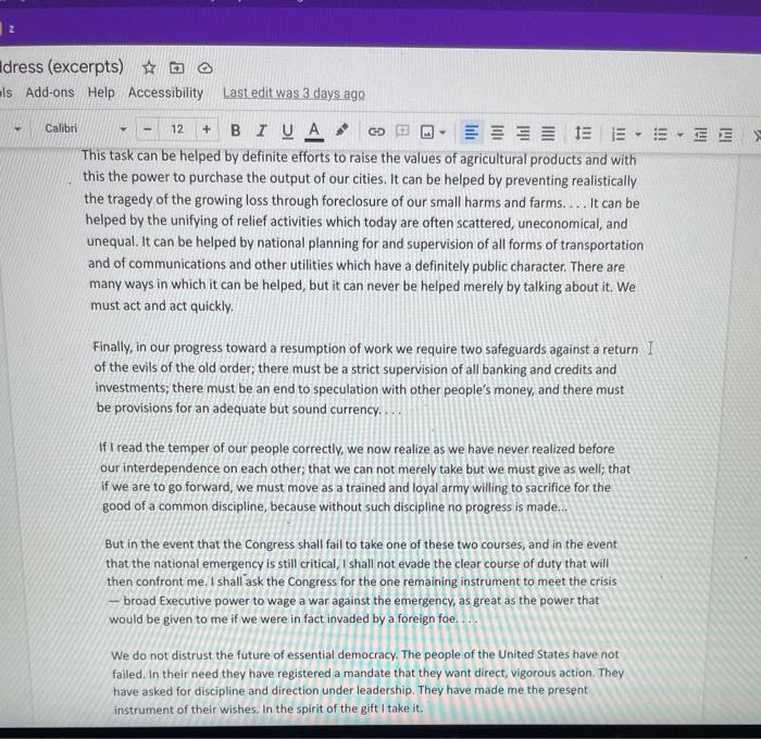 Solved First Inaugural Address (excerpts) Franklin D. | Chegg.com