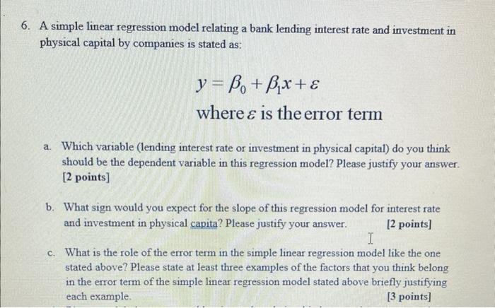 A simple linear regression model relating a bank | Chegg.com