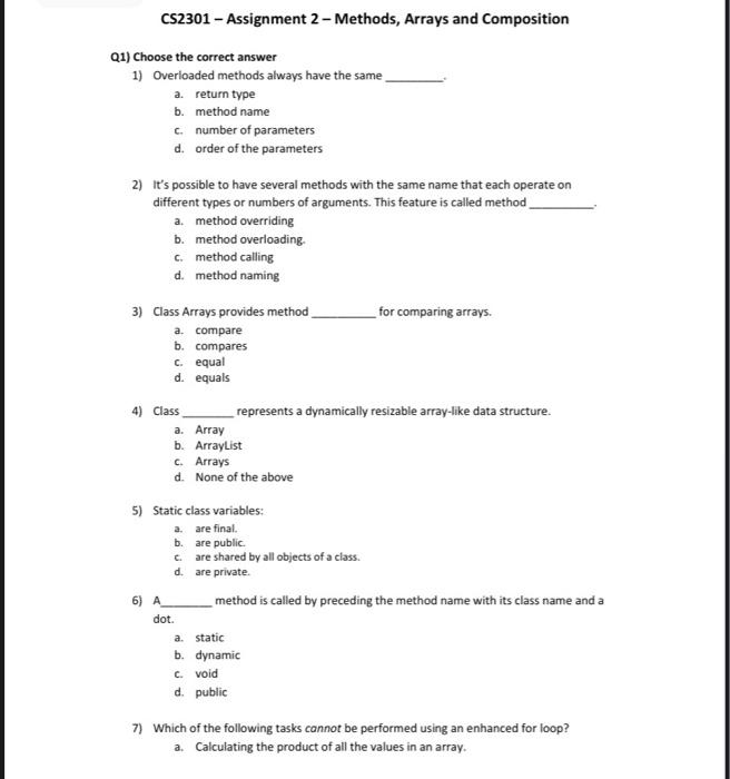 Solved CS2301 - Assignment 2- Methods, Arrays and | Chegg.com