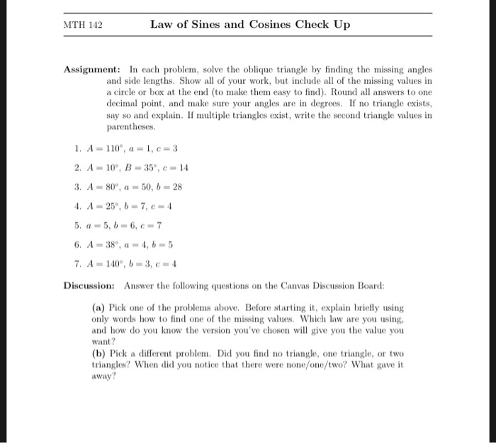 Solved MTH 142 Law of Sines and Cosines Check Up Assignment: | Chegg.com