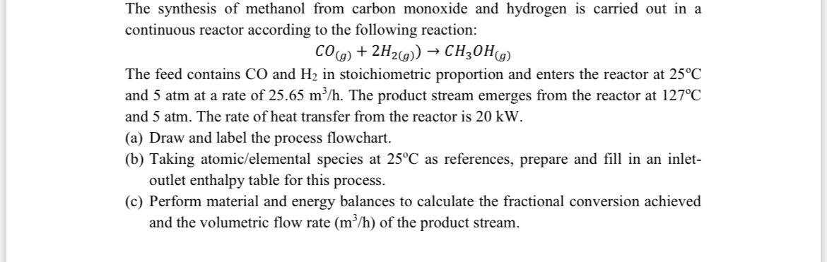 Solved The synthesis of methanol from carbon monoxide and | Chegg.com