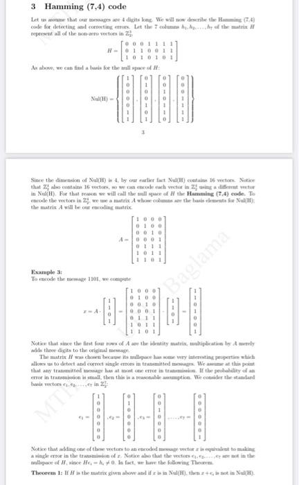 Solved 3 Hamming (7,4) code Let us asceme that our tnescages | Chegg.com