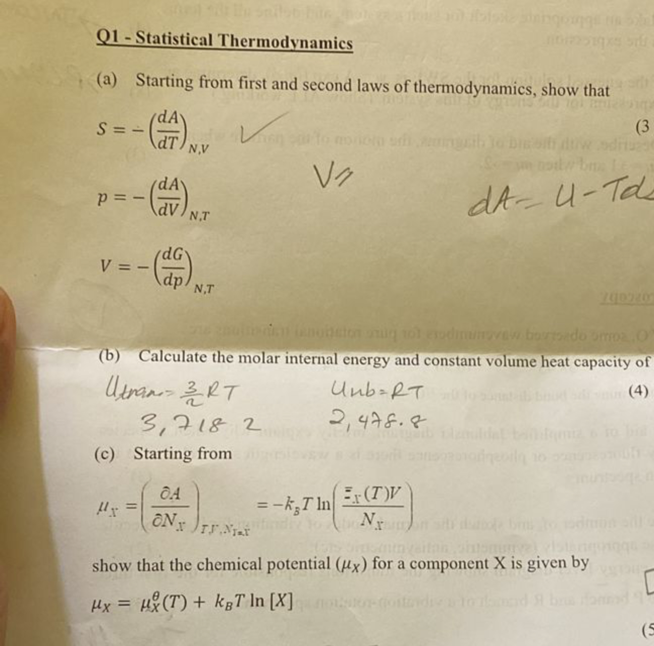 Q1 - ﻿Statistical Thermodynamics(a) ﻿Starting from | Chegg.com
