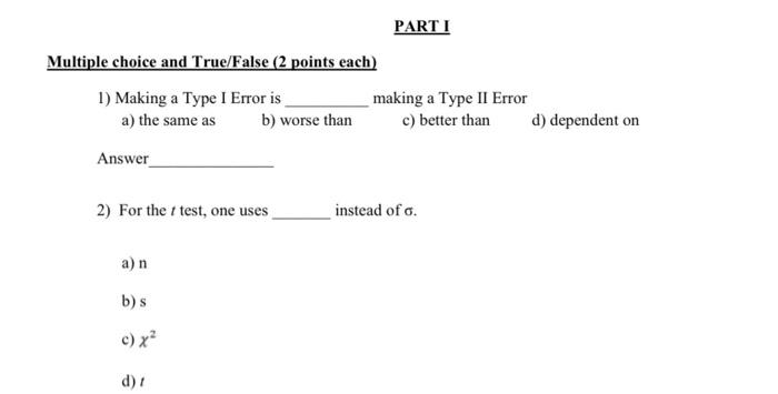 Solved PARTI Multiple choice and True/False (2 points each) | Chegg.com