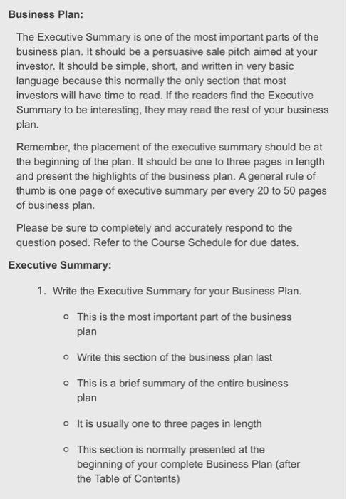 Solved Business Plan: The Executive Summary is one of the | Chegg.com