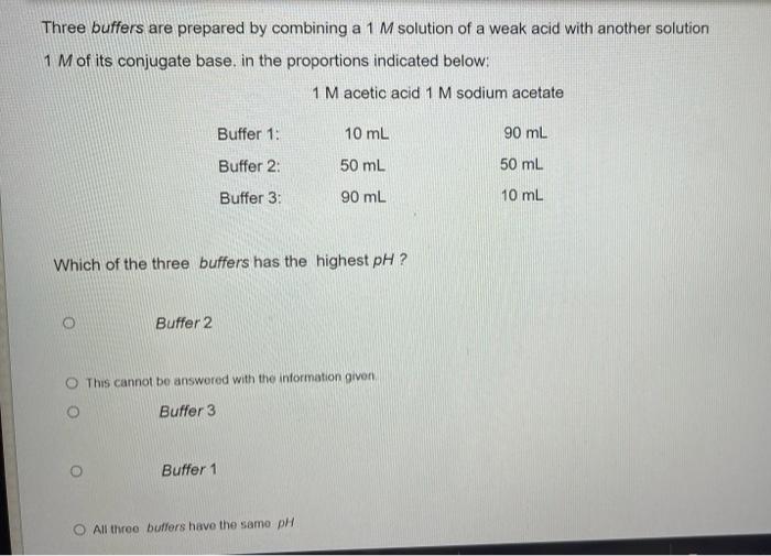 Solved Three buffers are prepared by combining a 1 M | Chegg.com