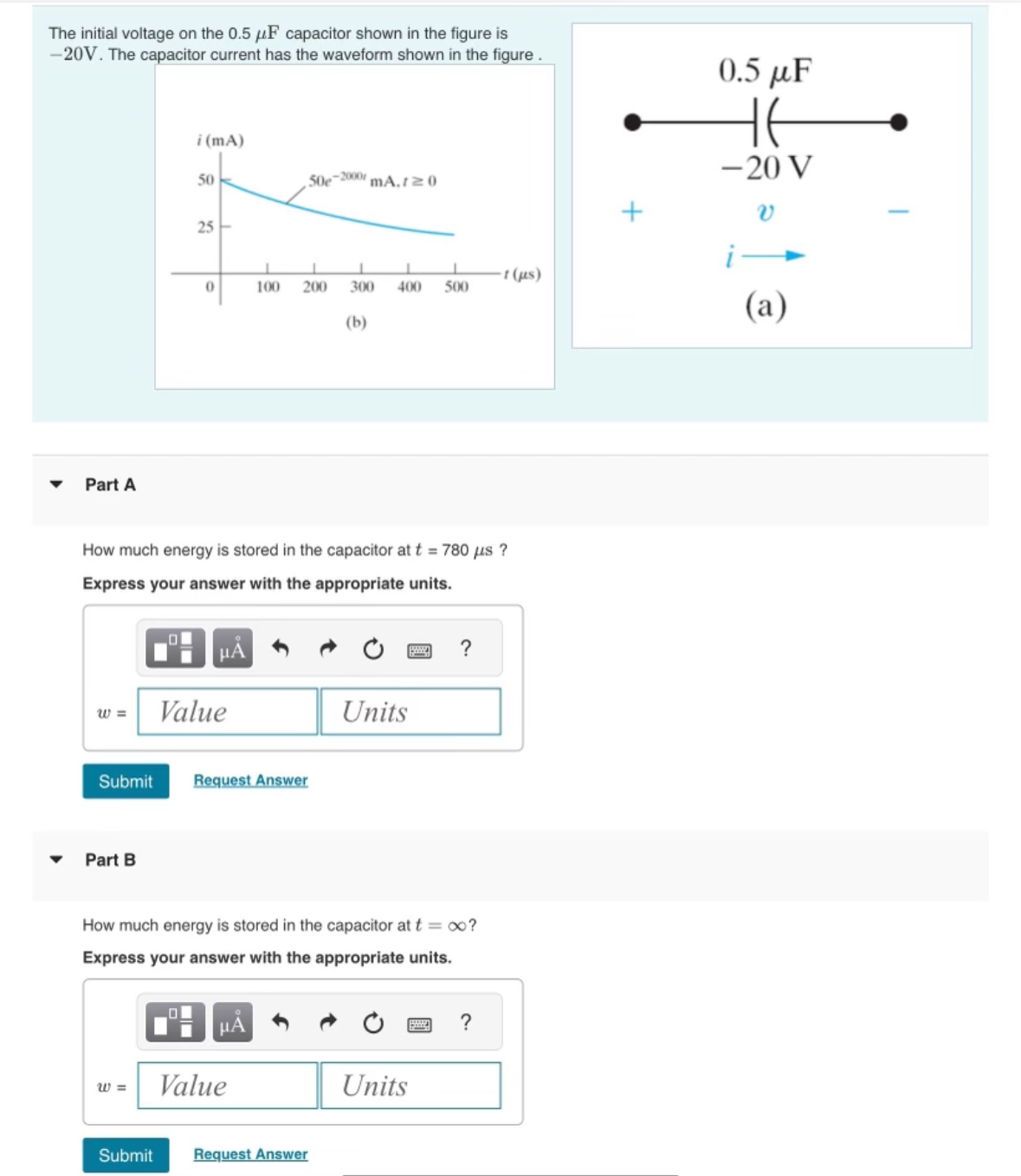 Solved The initial voltage on the 0.5\mu F capacitor shown | Chegg.com