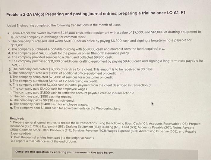 Solved Problem 2-2A (Algo) Preparing and posting journal | Chegg.com
