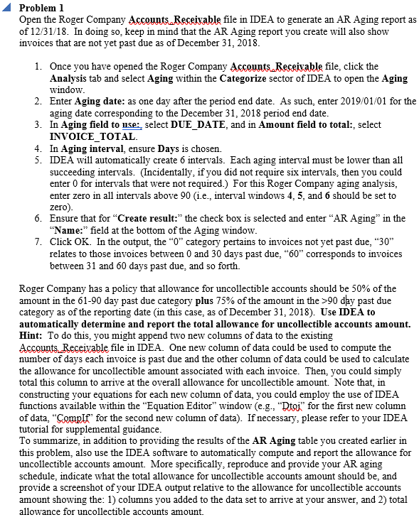 Solved Problem 1Open the Roger Company Accounts_Receivable | Chegg.com