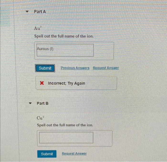 Solved Au+ Spell out the full name of the ion. Part B Cu+ | Chegg.com