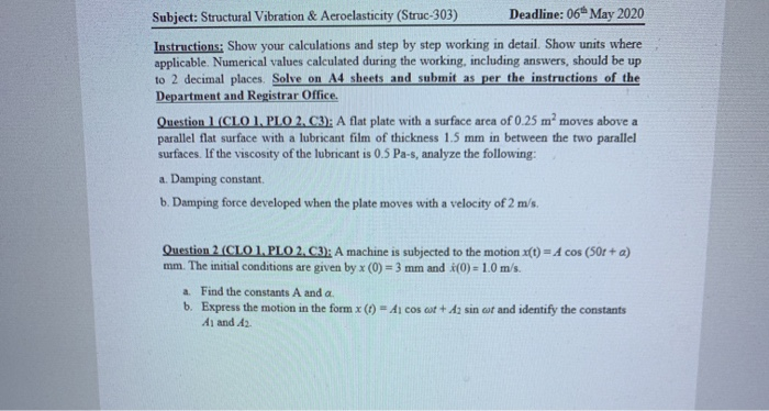 Solved Subject: Structural Vibration & Aeroelasticity | Chegg.com