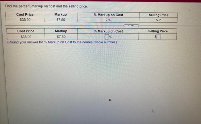 Solved Find the percent markup on cost and the selling price | Chegg.com