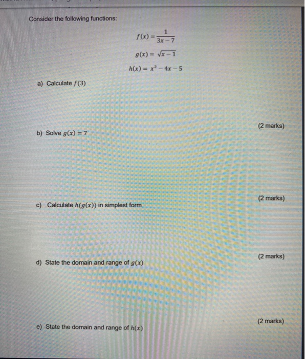 Solved Consider the following functions: f(x) = 3x-2 g(x)= | Chegg.com