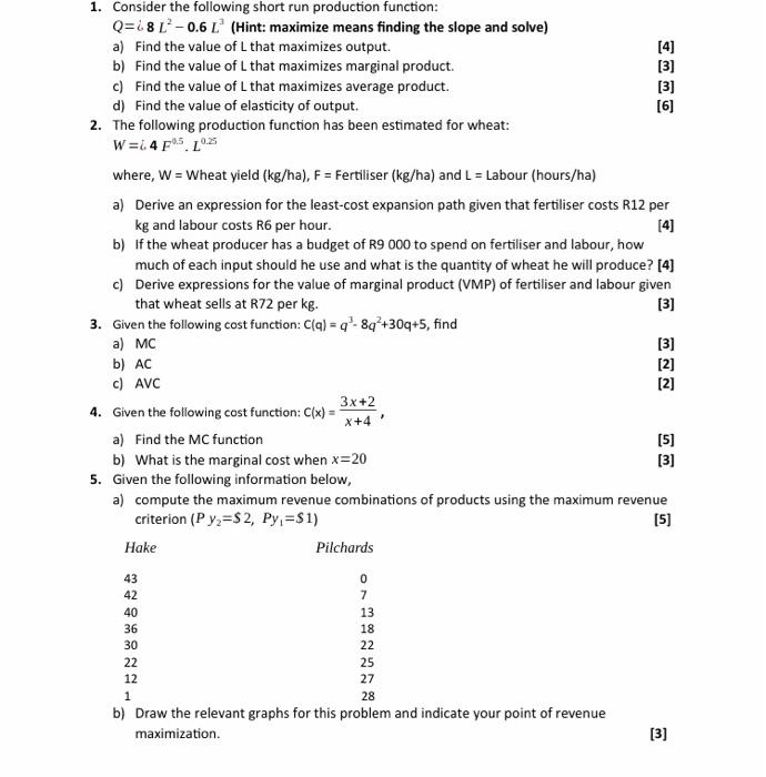 Solved [6] 1. Consider the following short run production | Chegg.com