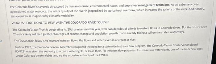 Solved The Colorado River is severely threatened by human | Chegg.com