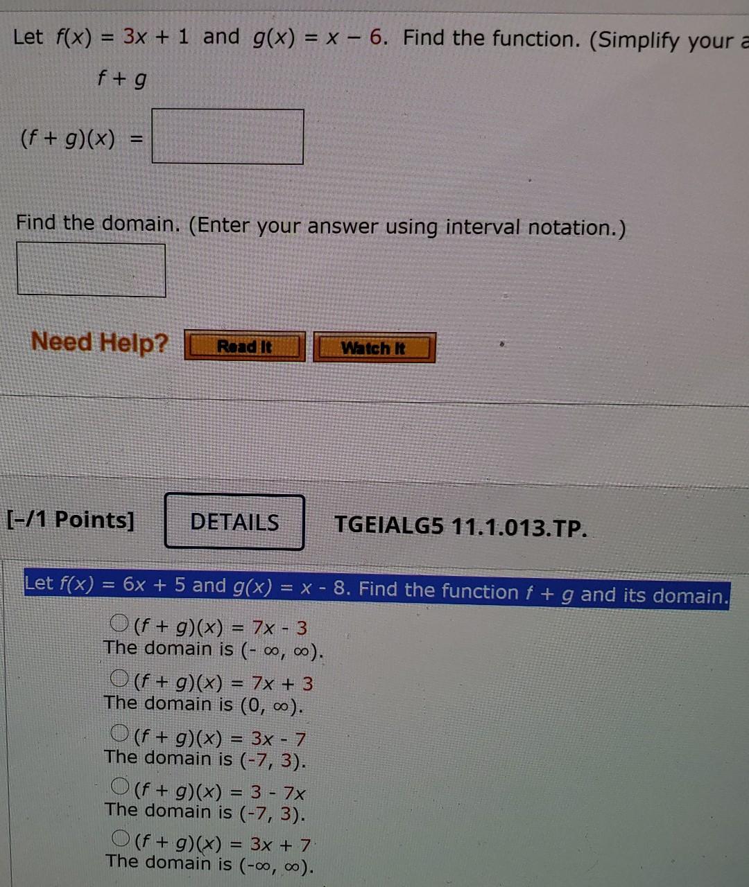 Solved Let f(x) = 6x - 1 and g(x) = 3x + 3. Find f.g. | Chegg.com