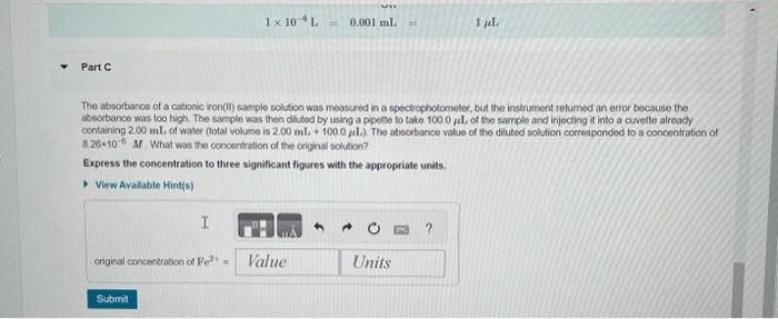 Solved The absorbance of a cationic iron(il) sample solution | Chegg.com