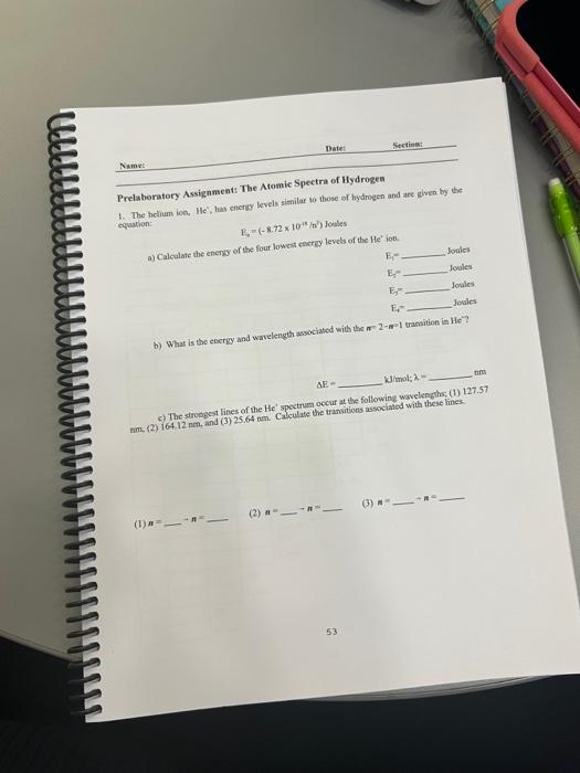Solved Prelaboratory Assignment: The Atomic Spectra of | Chegg.com