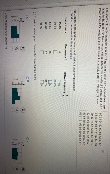 Solved The scores of the 54 members of a sociology lecture | Chegg.com