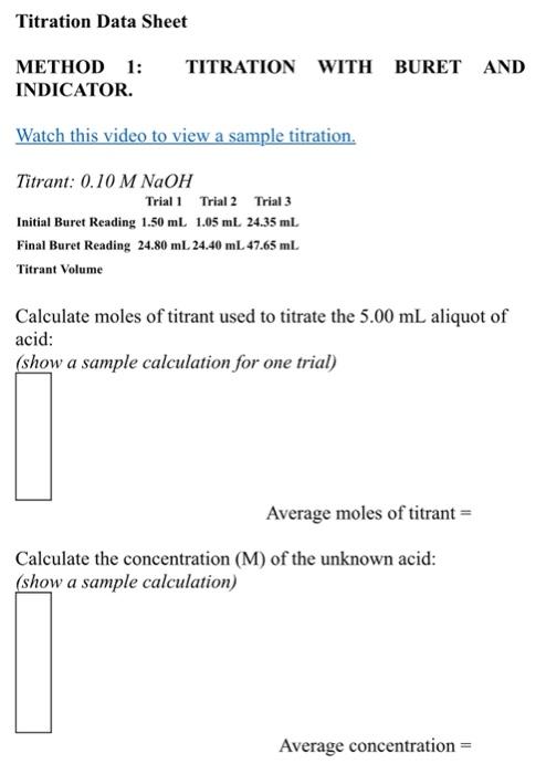 Solved Titration Data Sheet METHOD 1: INDICATOR. TITRATION | Chegg.com