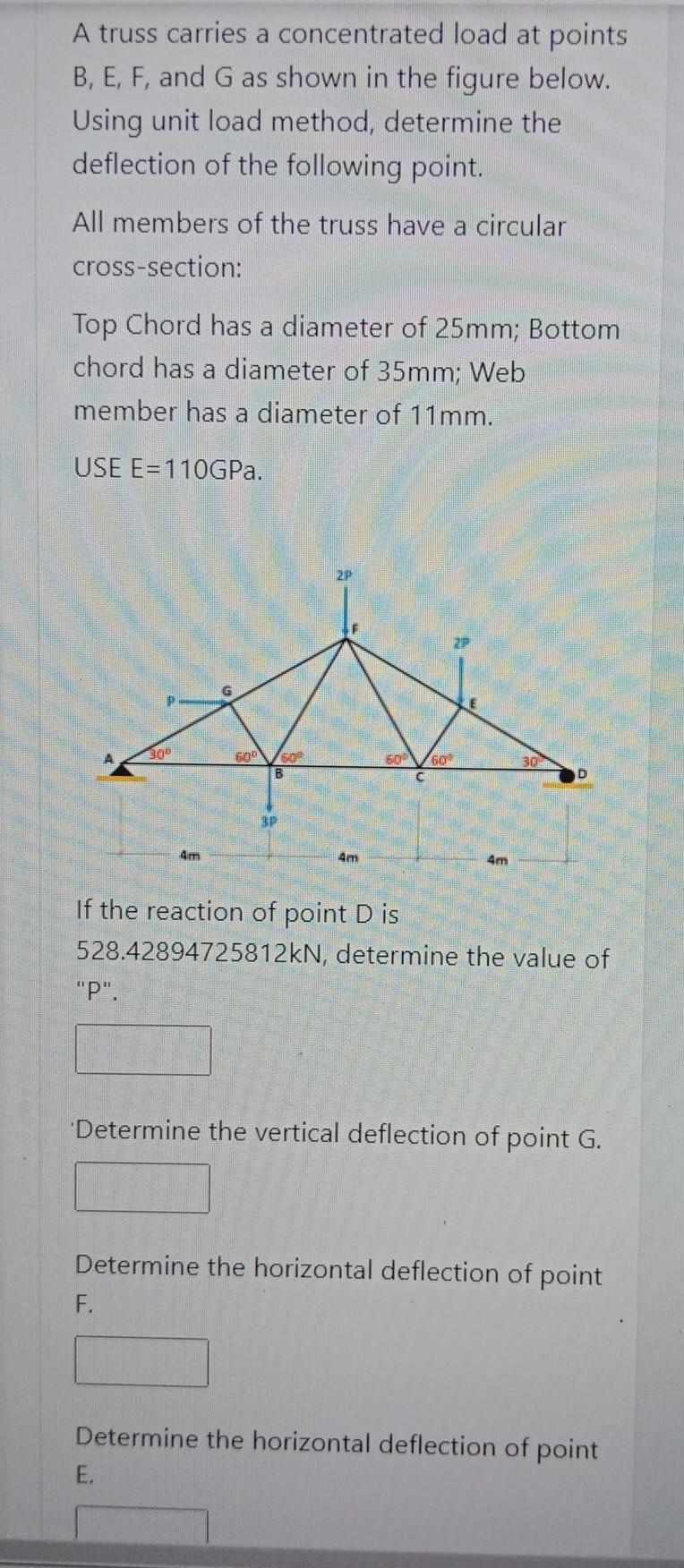 Solved A truss carries a concentrated load at points B, E, | Chegg.com