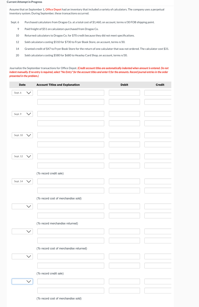 Solved Current Attempt in Progress Assume that on September | Chegg.com