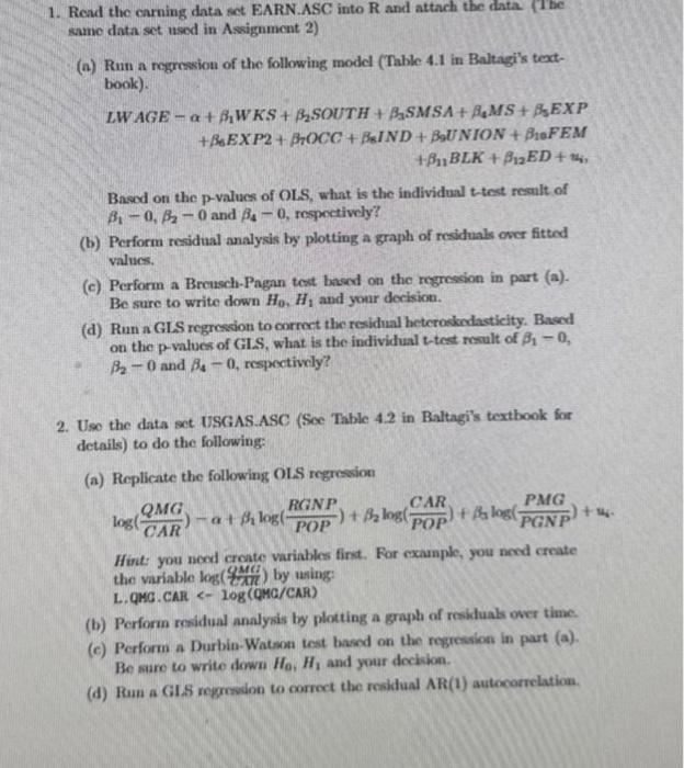 Solved 1. Read the carning data set EARN.ASC into R and | Chegg.com