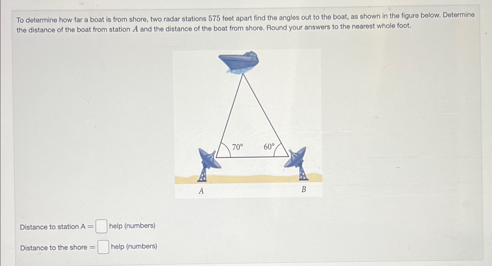 Solved To determine how far a boat is from shore, two radar | Chegg.com