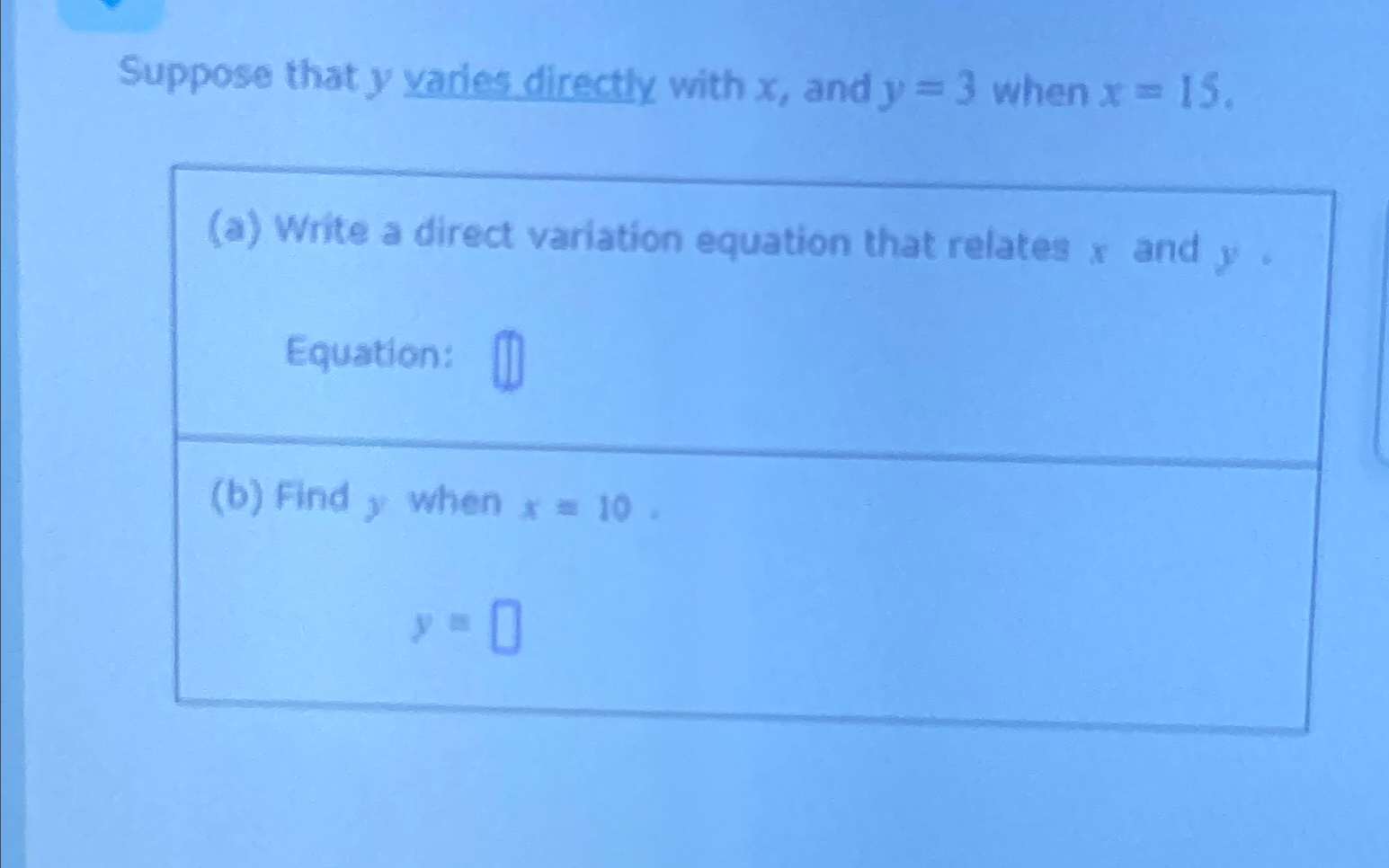 Solved Suppose that y ﻿varies directly with x, ﻿and y=3 | Chegg.com