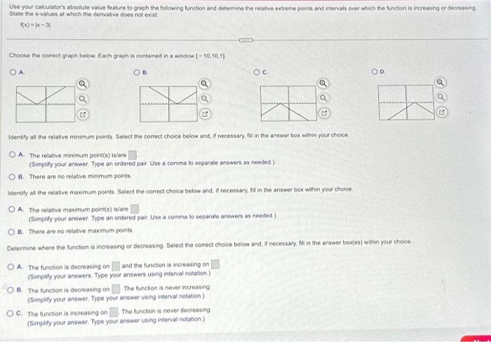 Solved Use your calculator's absolute value feature to graph | Chegg.com