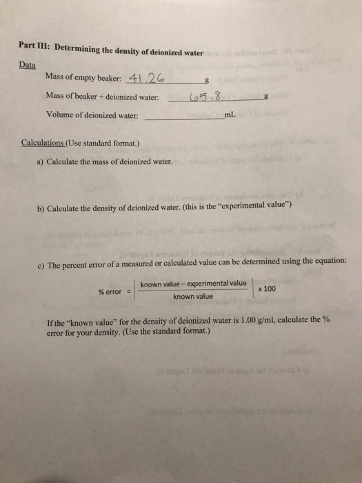 Solved Part III: Determining the density of deionized water | Chegg.com